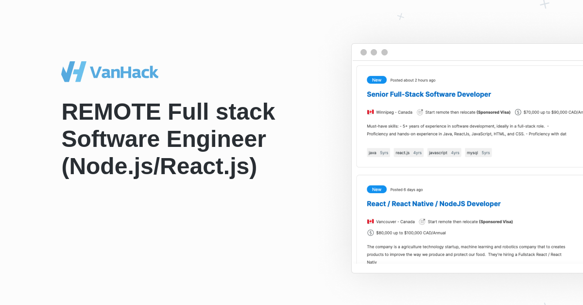 REMOTE Full stack Software Engineer (Node.js/React.js) - VanHack